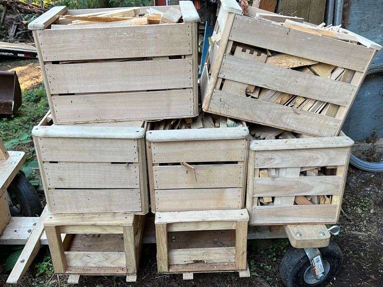 (7) Wood Crates & Roll-Around Wood Crate Cart - 26"W x 56"L - NW Asset ...