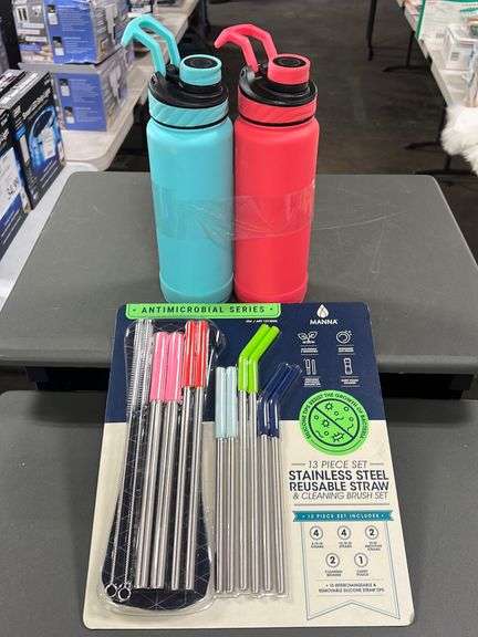 13pc Stainless Steel Reusable Straw & Cleaning Brush Set & (2) Manna ...