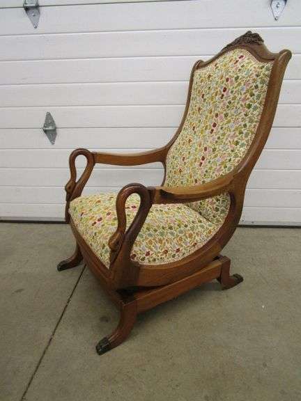 Mahogany Platform Rocker w/Swan Head Carved Arms - Oberman Auctions