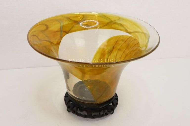 Blown Glass Bowl, Yellow, Amber And Clear Swirl Pattern, Fluted Rim ...