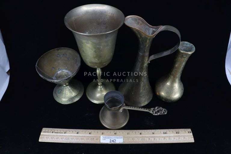 5 Brass And Copper Vessels, Hebrew Chalise, Wine Cup, Turkish Coffee ...