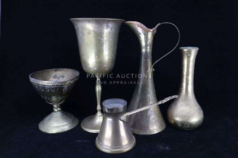 5 Brass And Copper Vessels, Hebrew Chalise, Wine Cup, Turkish Coffee ...