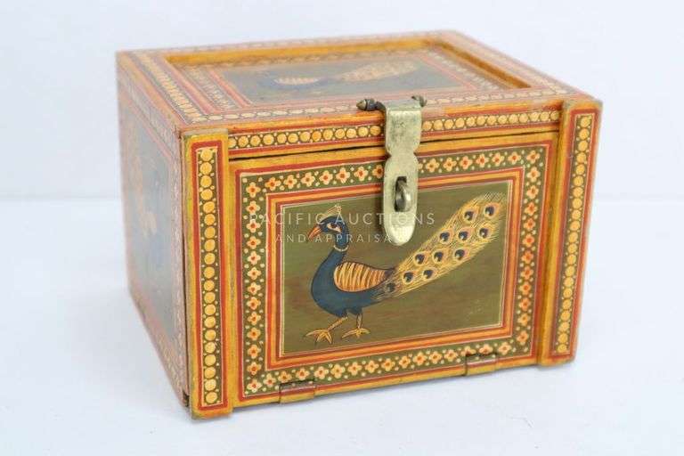 Wooden Folk Art Storage Box, Painted With Peacocks On All Sides, Front ...