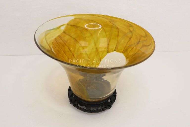 Blown Glass Bowl, Yellow, Amber And Clear Swirl Pattern, Fluted Rim ...