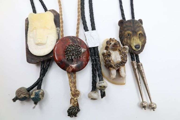 Set Of 4 Bolo Ties With Carved Bears, And Hedgehogs - Pacific Auctions ...