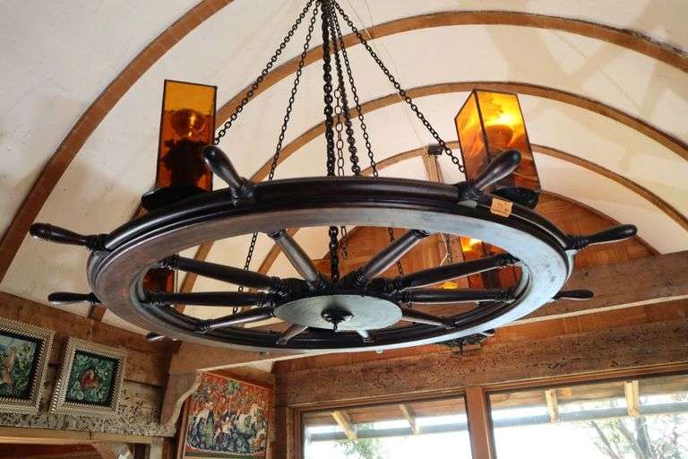 72" Ships Wheel Hanging Light Fixture, With Added Stained Glass Shades ...
