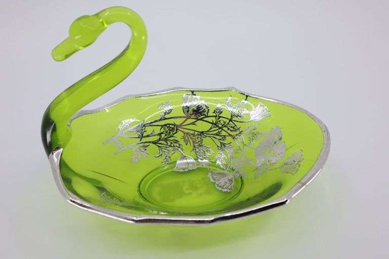 Vintage Green Glass Swan Dish With Silver Inlay, Flower Pattern ...