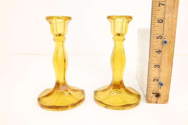 Pair Amber Glass Candlesticks, 6"H - Pacific Auctions And Appraisals