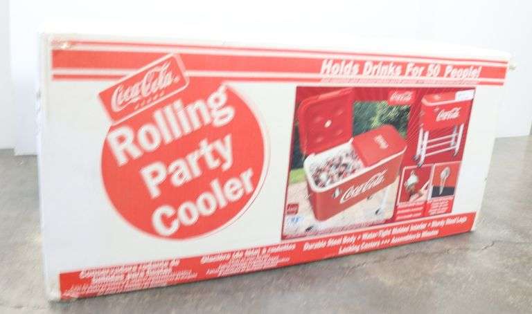 COCA COLA ENTERTAINER ROLLING PARTY COOLER, 65 QT. CAPACITY, NEW IN BOX ...