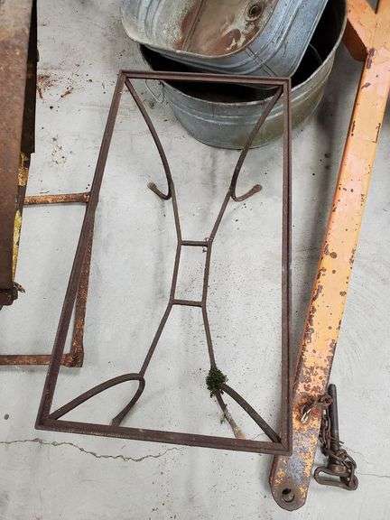 Metal patio furniture, some damage on chair, table missing top ...