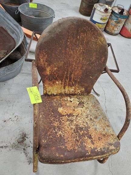 Metal patio furniture, some damage on chair, table missing top ...