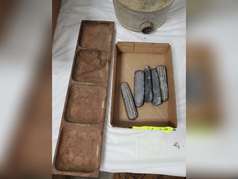 Lot of 5 corn-shaped lead weights, wooden coin tray, galvanized bucket ...