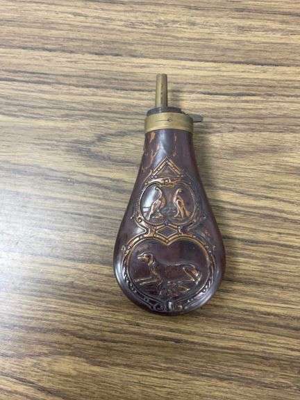 Nice Vintage Copper and Brass Black Powder Flask-Hunting Dog and Birds ...