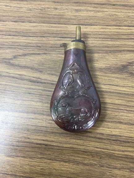 Nice Vintage Copper and Brass Black Powder Flask-Hunting Dog and Birds ...