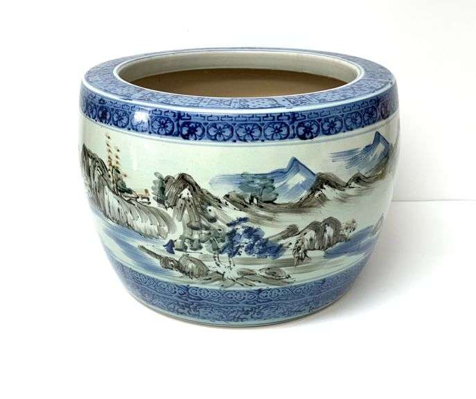 Vintage Hand Painted Blue & White Chinese Shan Shui Planter - Piece by ...
