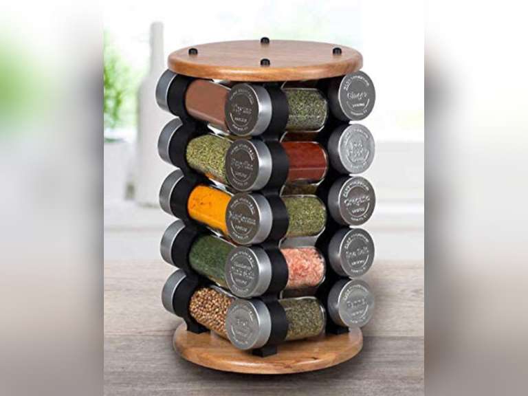 Olde Thompson Rotating Rack 20 Jar Embossed Revolving Spice Rack,Acacia ...