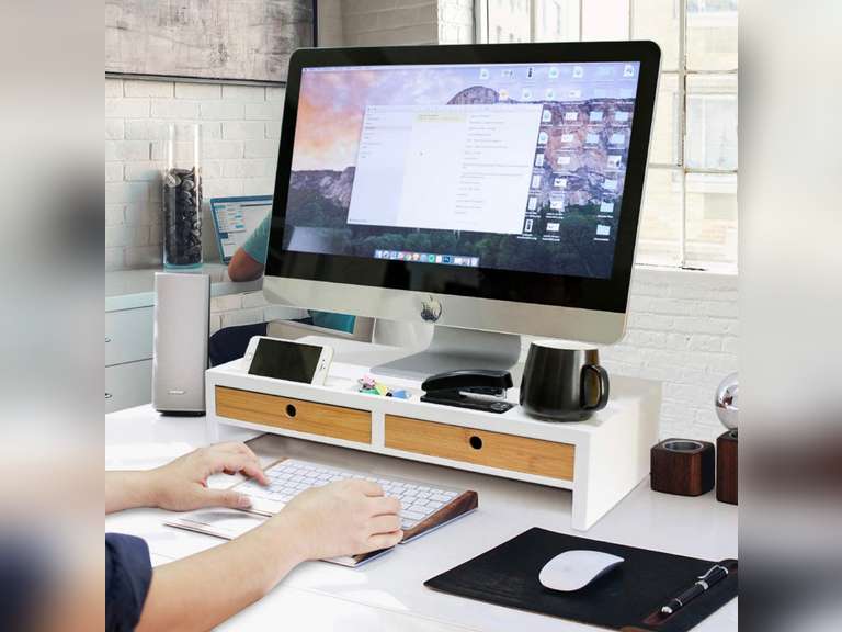 Computer Monitor Stand with Drawers - White Wood Laptop Screen Printer ...