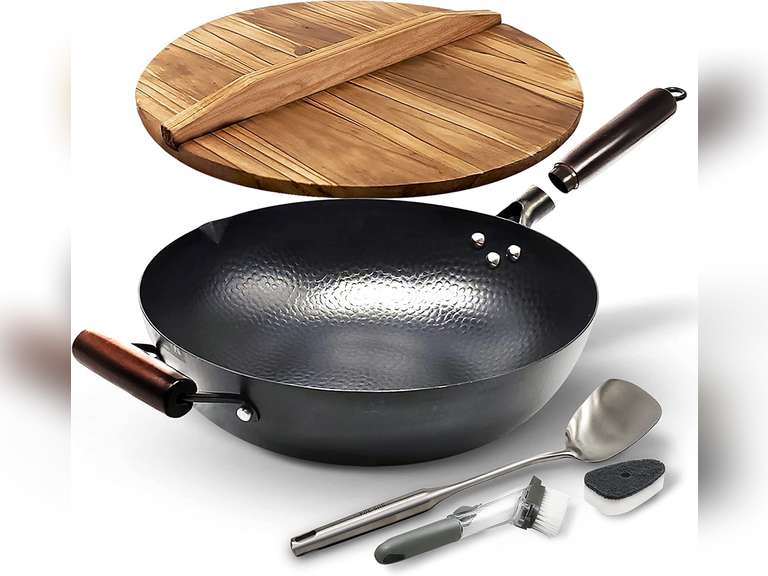 HOME EC Carbon Steel Wok Pan With Lid, Stir Fry Wok Set, Steel Spatula ...