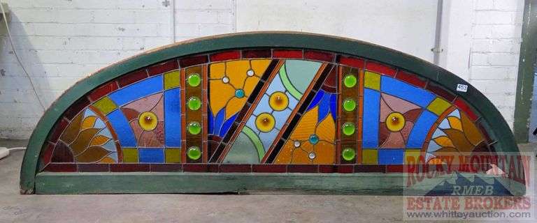 Large Antique Arch Top Stained & Leaded Glass Transom Window with ...