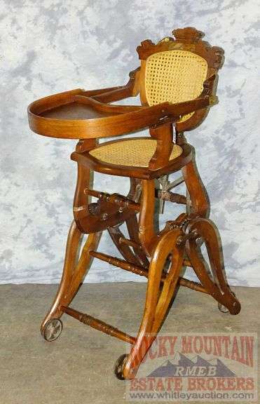 Victorian Walnut Adjustable High Chair/Rocker with Burled Wood Crest ...