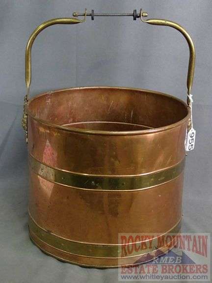 Vintage Large Copper Bucket with Brass & Lion Head Accents. Missing ...