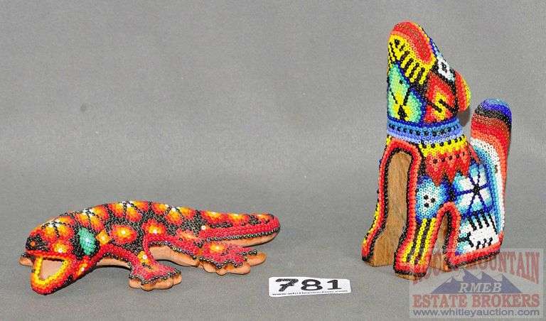 Huichol Mexican Folk Art Beaded Coyote & Lizard. Lizard has one foot ...