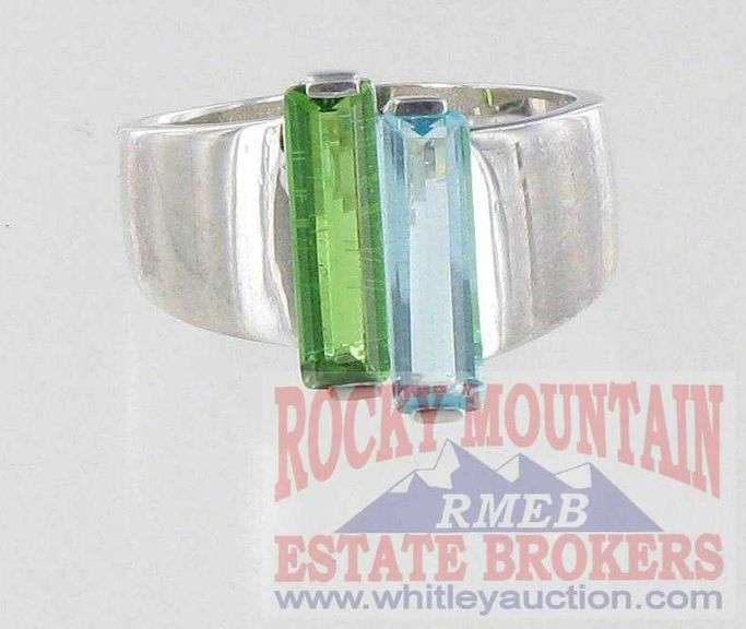 Blue & Green Helenite & Sterling Silver double bar ring. Helenite is a ...