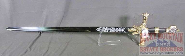 Massive 48" Excalibur Style Sword with Fancy Gold Tone & Leather Handle ...