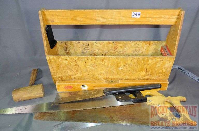 Wooden Tool box with assorted hand saws, wooden mallet, 2' wooden level ...