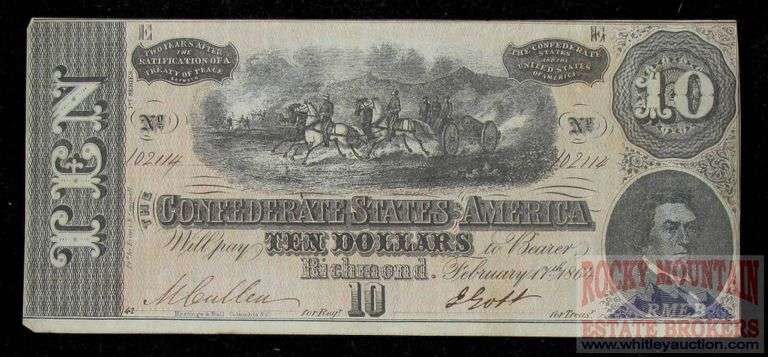 Neat 1864 Confederate States of America Ten Dollar Bill, Signed and in ...