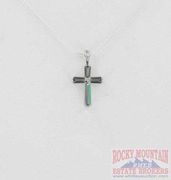 Beautiful Sterling Silver & Helenite cross pendant with 20" heavy snake ...
