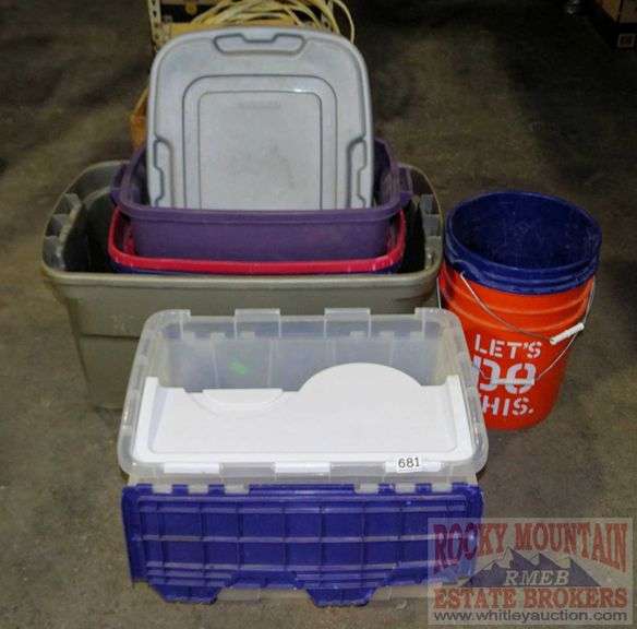 Asst. plastic storage totes & 2 5-gallon buckets. All for one money ...