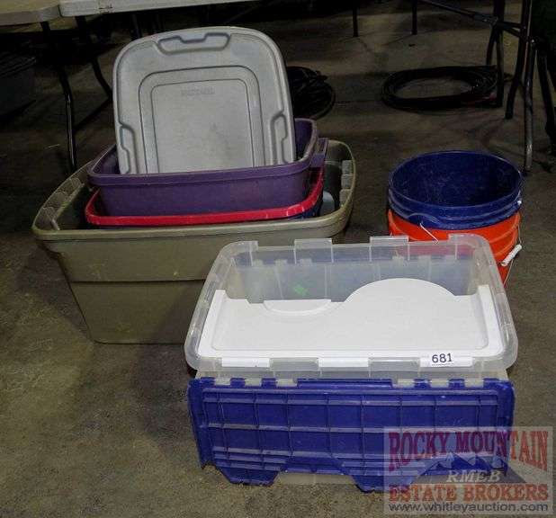 Asst. plastic storage totes & 2 5-gallon buckets. All for one money ...