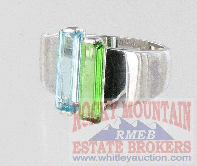 Blue & Green Helenite & Sterling Silver double bar ring. Helenite is a ...