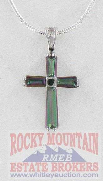 Beautiful Sterling Silver & Helenite cross pendant with 20" heavy snake ...
