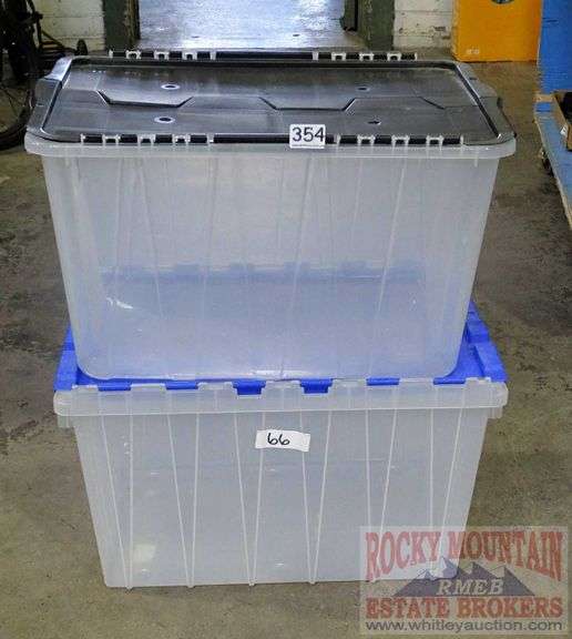 2 Storage totes with attached lids. One has a crack. All for one money ...