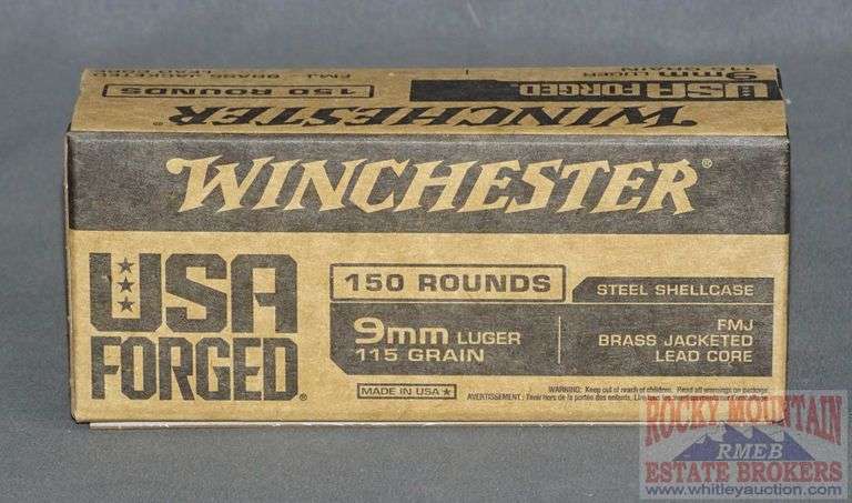 150 Rounds of Winchester 9mm Luger, 115 Grain, FMJ Brass Jacketed Lead ...