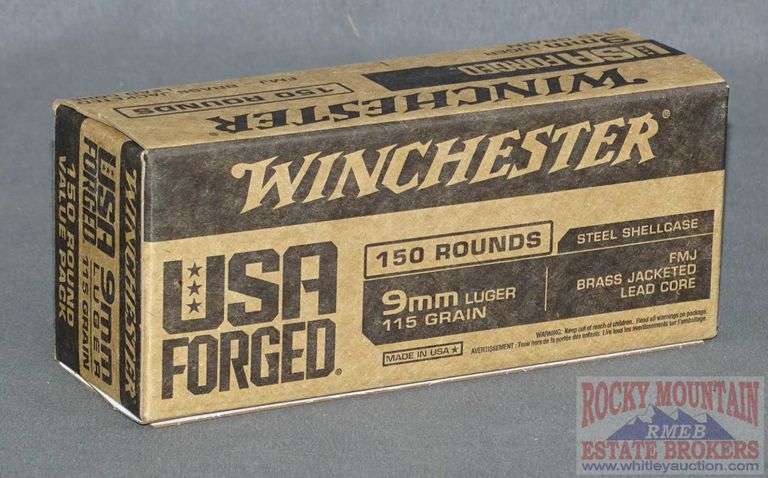 150 Rounds of Winchester 9mm Luger, 115 Grain, FMJ Brass Jacketed Lead ...