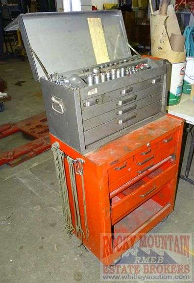 Red Rolling Tool Box Base W/ Grey Top Box Packed Full Of Tools. This ...