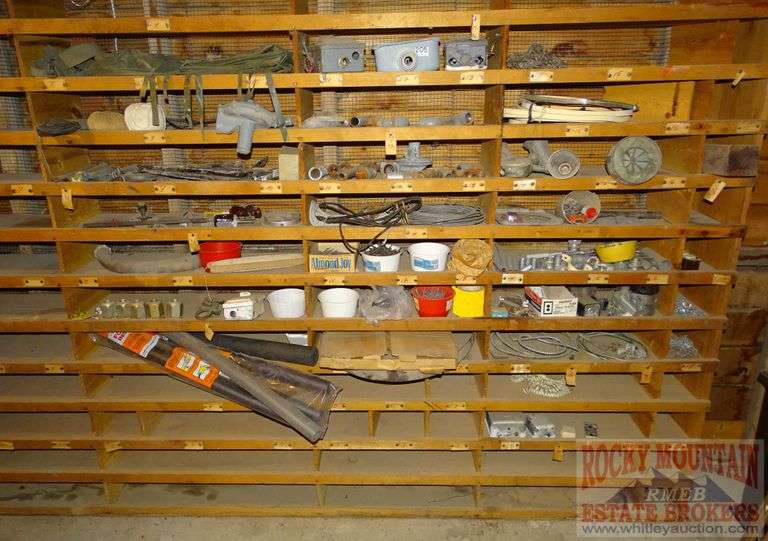 Contents of Wooden Shelf Including Electrical Boxes & Hardware ...