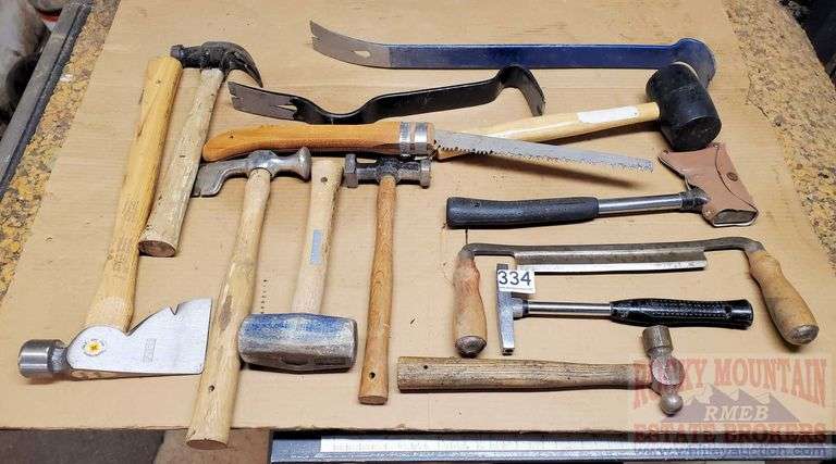 Draw knife, hatchets, drywall hammer, sledge hammer, 2 pry bars & more ...