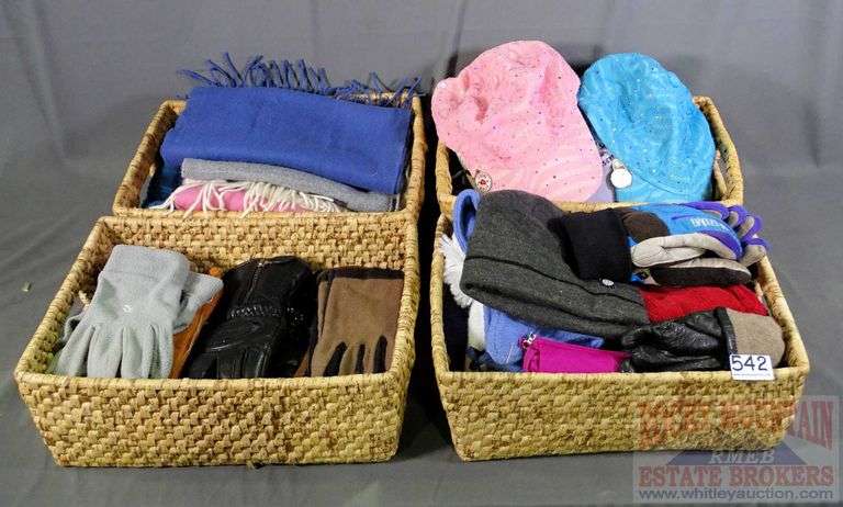 4 baskets with asst. ladies winter hats, gloves, scarves, baseball caps ...