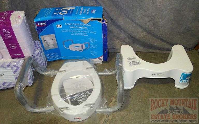 New toilet seat elevator, potty stool & assorted adult diapers. All for ...