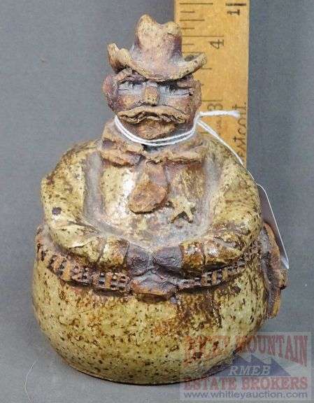Cool Handmade Artist Signed Pottery Cowboy Bank with some money inside ...