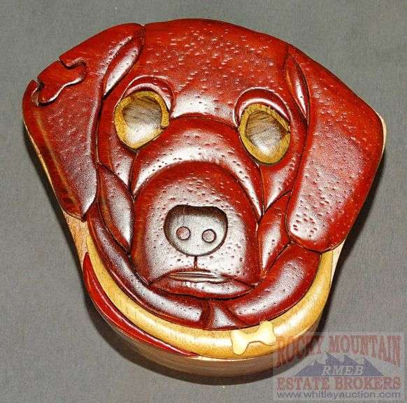 Very cool, hand-crafted wooden 4 piece carved dog puzzle box, 4" high ...