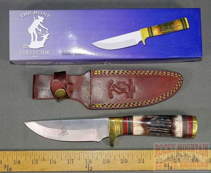 New 10" hunting knife with stainless steel blade, inlaid bone handles ...