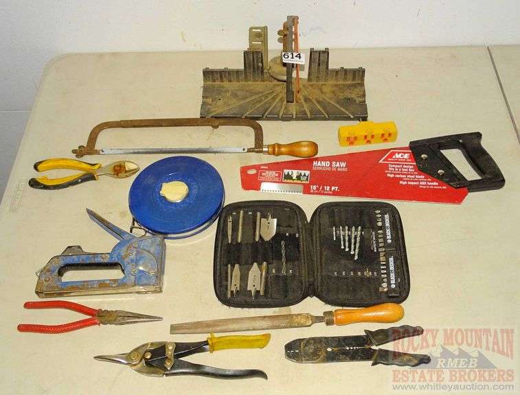 Small Stanley miter box, staple gun, B&D bit set, 100' tape & more. All ...