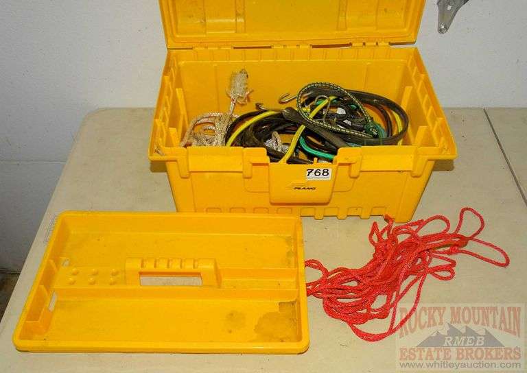 Yellow Plano tool box with tray, bungee cords, rope & more, 19" wide ...