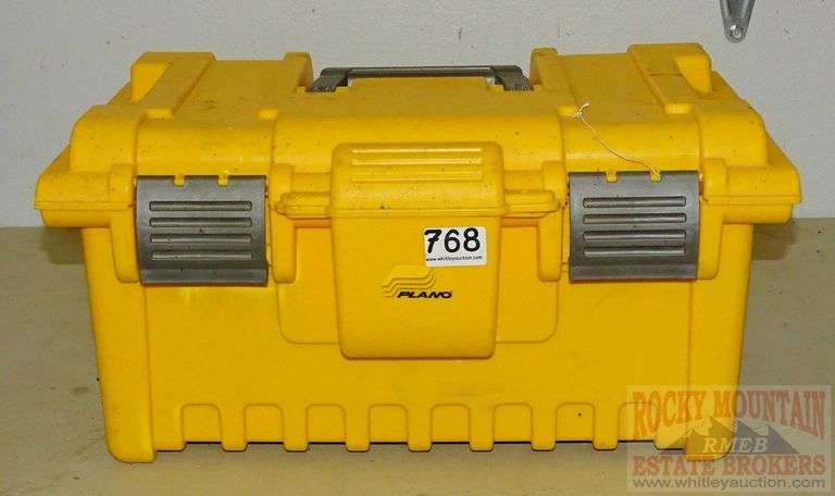 Yellow Plano tool box with tray, bungee cords, rope & more, 19" wide ...