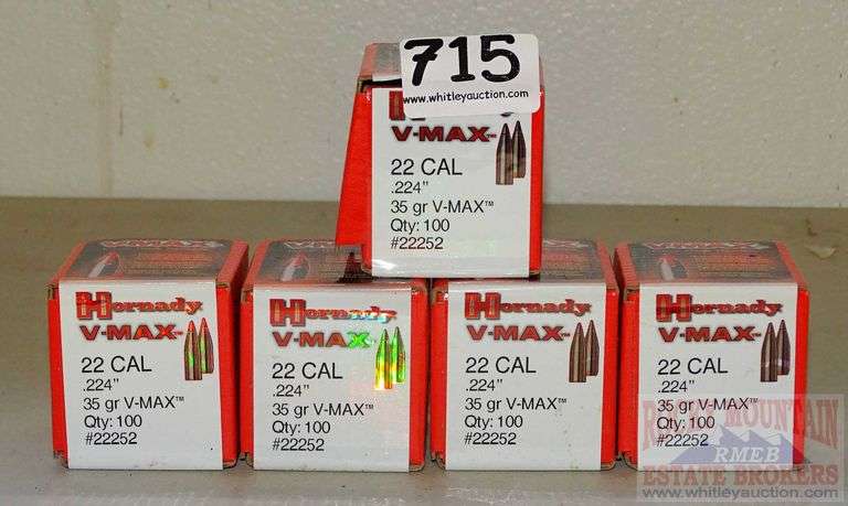 5 boxes of 100 Hornady V-Max .22 Cal 35 grain, V-MAX Cartridges. One ...